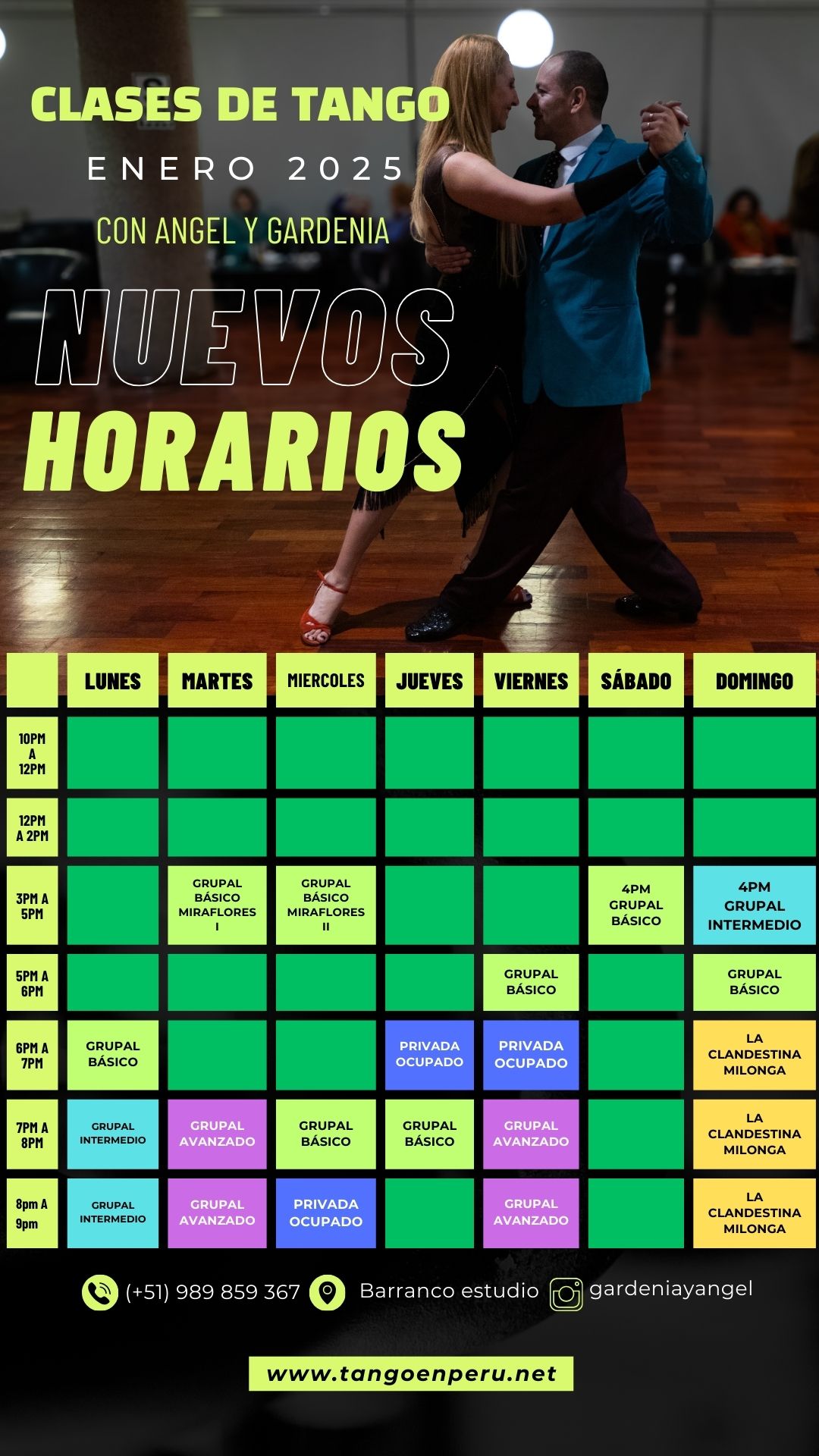 Horarios de clases de Tango Agosto 2025 - Inicia ahora! - Gardenia y Angel